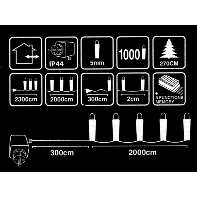 Luminite de Craciun "Ramura" 1000 LED, alb, 8 regimuri, 20 m, in/out ...